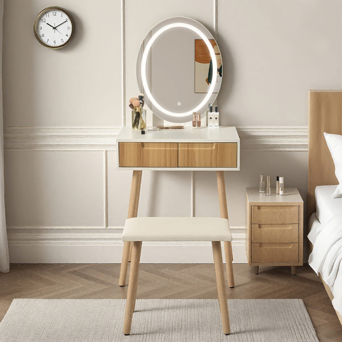 Oak Small Makeup Vanity with Round Mirror | Pamapic